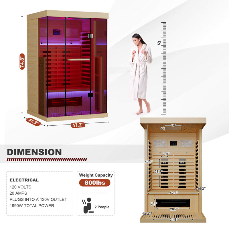 MEISSALIVVE Full Spectrum Infrared Sauna，1-2 Person Home Sauna，wooden Canadian Hemlock Indoor ...